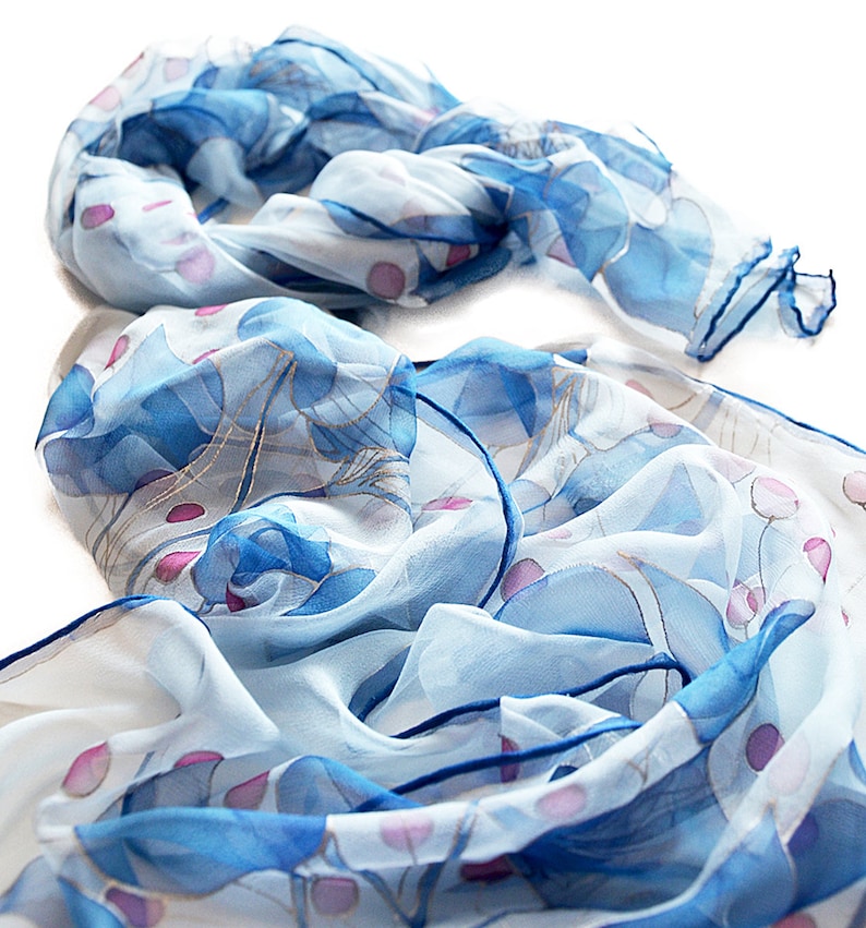 Blue Floral Silk Scarf Painted Berries Scarf Pastel Women Scarf Scarf ...