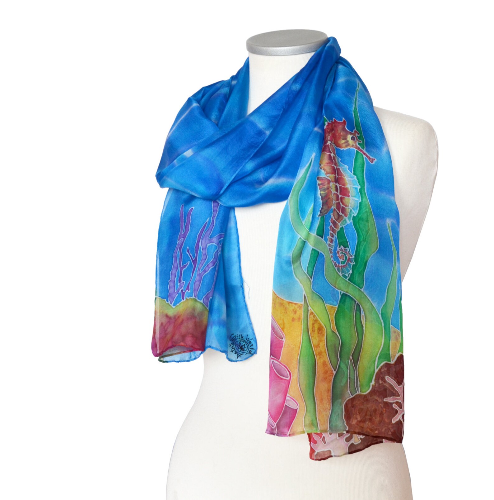 Hand Painted Blue Silk Scarf With Sea Horse Underwater Life - Etsy