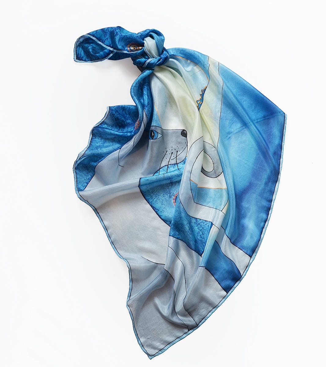Cat Scarf Mothers Day Gift Blue Silk Scarf Scarf With Cat - Etsy