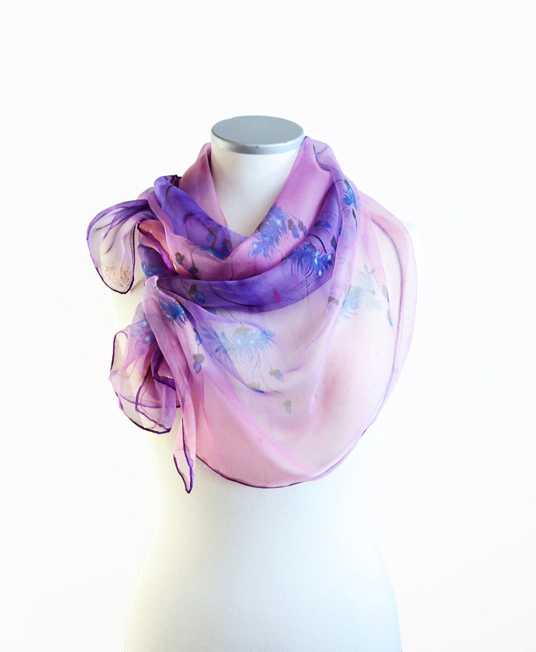 Silk Scarf With Cornflowers- Purple Scarf- Painted Scarf Flowers- Women ...