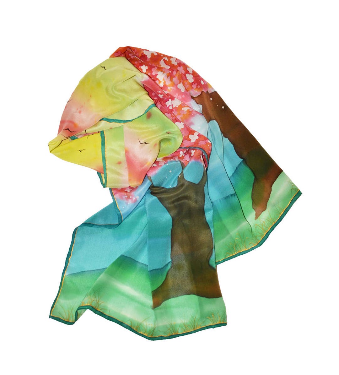 Silk Scarf Tree Blossoms Scarf Green Silk Scarf Womens - Etsy