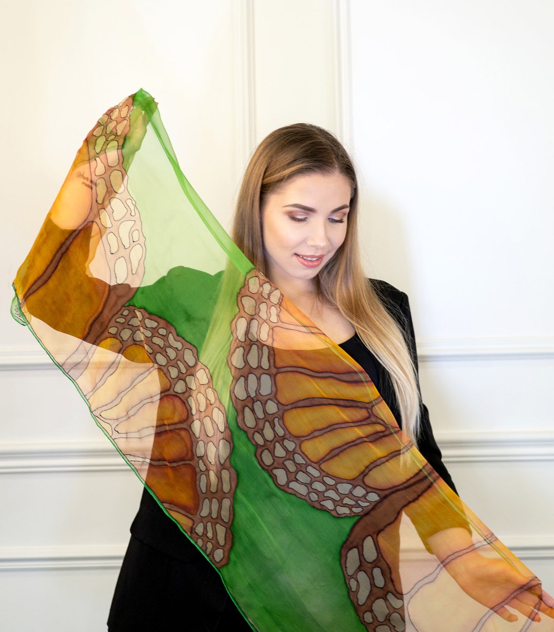 Butterfly Wings Scarf- Butterfly Scarf- Hand Painted Silk Scarf- Green ...