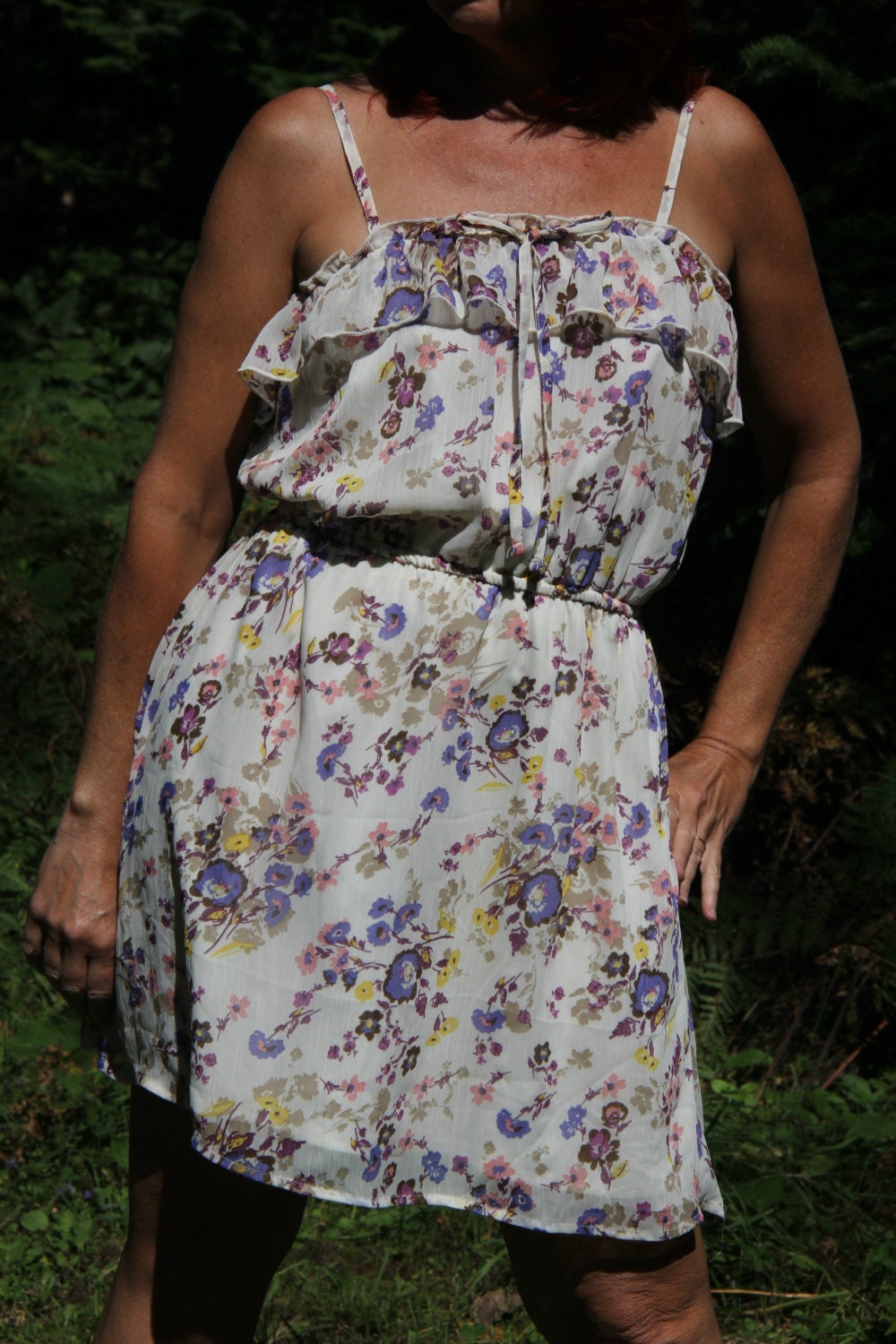 Vintage 80s Cream Floral Peasant Sundress Sheer Bandeau Ruffle Flutter ...