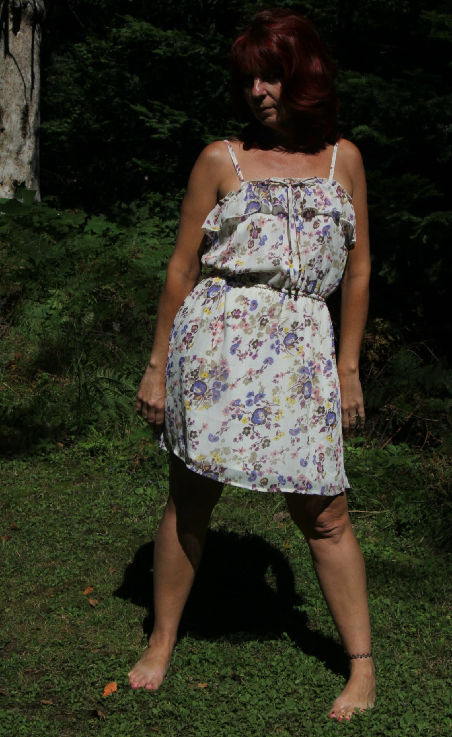 Vintage 80s Cream Floral Peasant Sundress Sheer Bandeau Ruffle Flutter ...