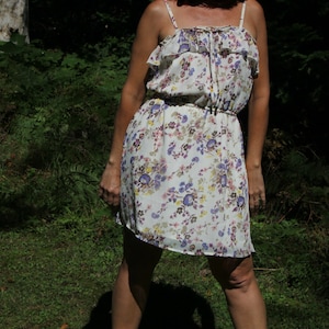 Vintage 80s Cream Floral Peasant Sundress Sheer Bandeau Ruffle Flutter ...