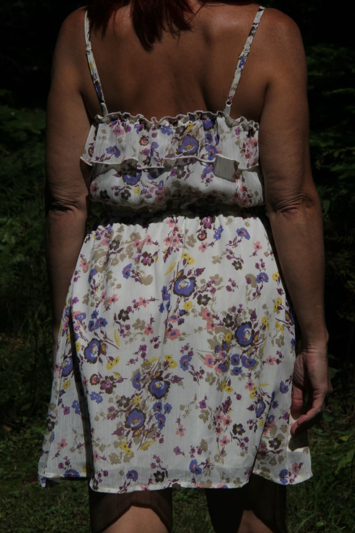 Vintage 80s Cream Floral Peasant Sundress Sheer Bandeau Ruffle Flutter ...