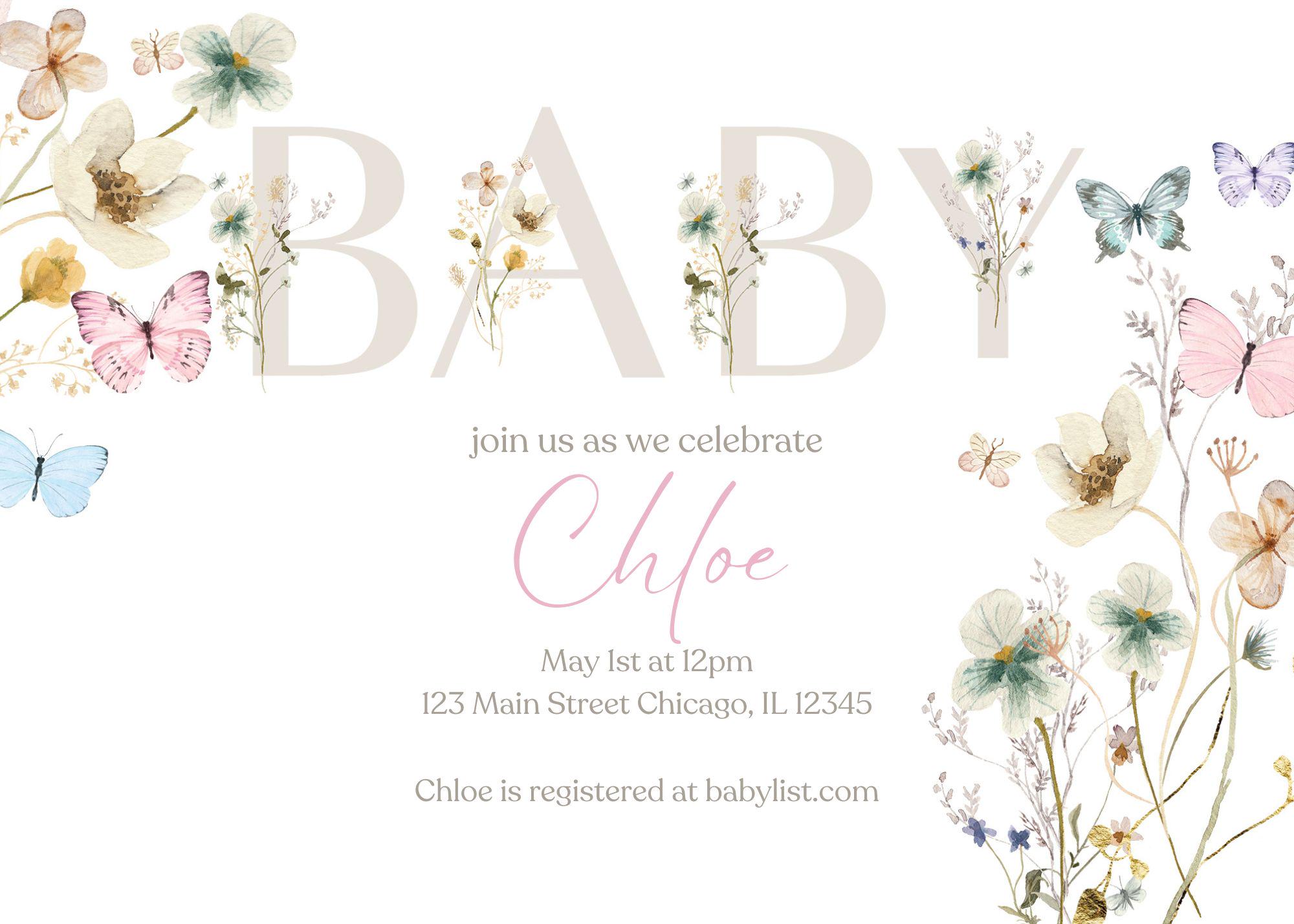 Wildflower Butterfly Baby Shower Invitation, Editable, Print at Home - Etsy