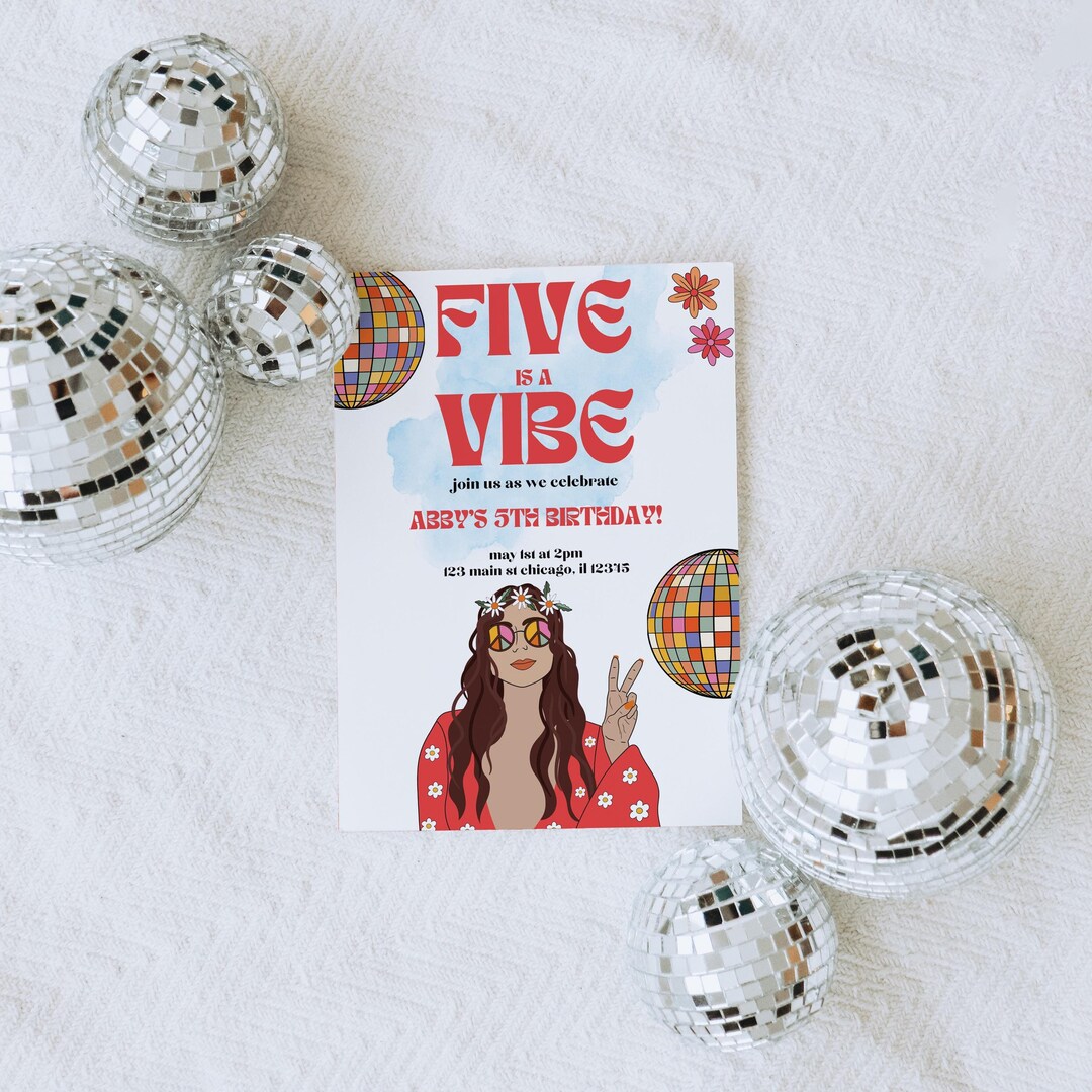 Groovy 'five is a Vibe' 5th Birthday Party Invitation | Hippie Disco ...