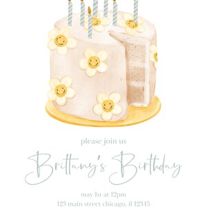 Editable Smiley Face Floral Birthday Cake Invitation | Digital Download ...