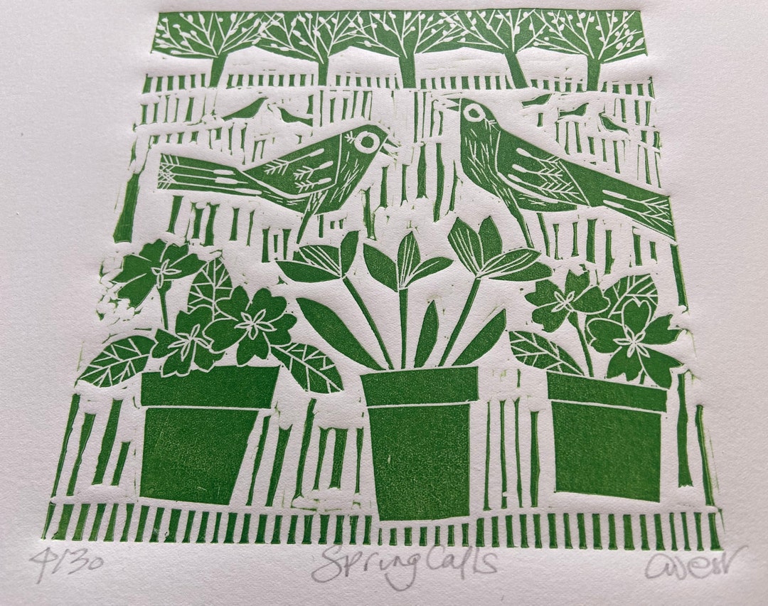 Spring Calls, Handmade Linocut Artwork in Green, Features Birds and ...