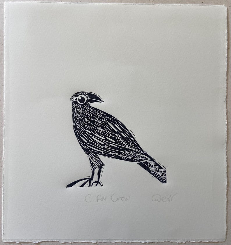 C for Crow, Handmade Linocut Artwork - Etsy