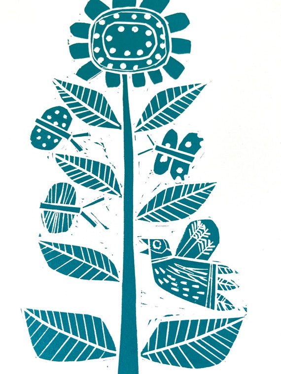 Hello Spring Limited Edition Linocut Flower Bird and - Etsy