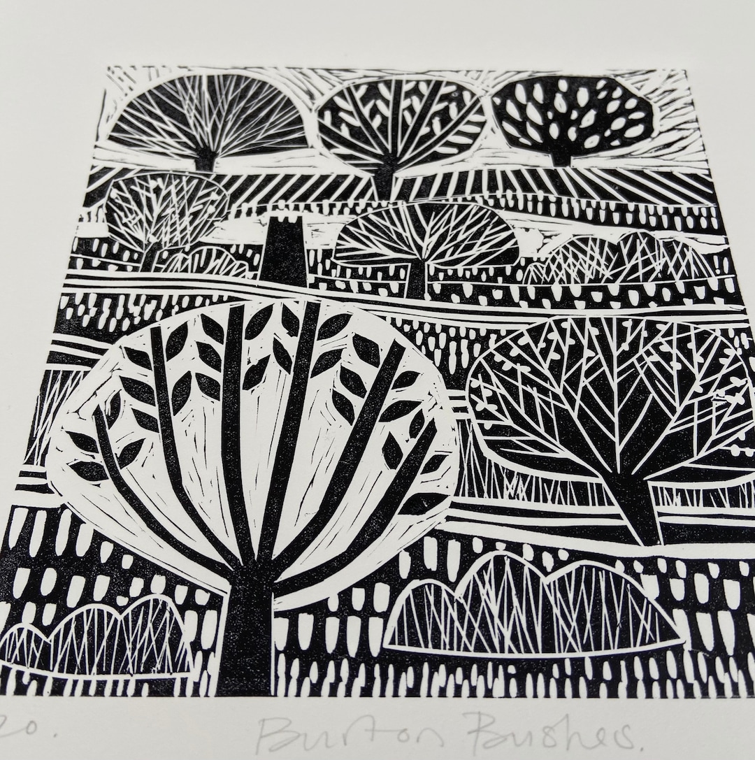 Burton Bushes Linocut, Lino Print, Relief Print - Etsy
