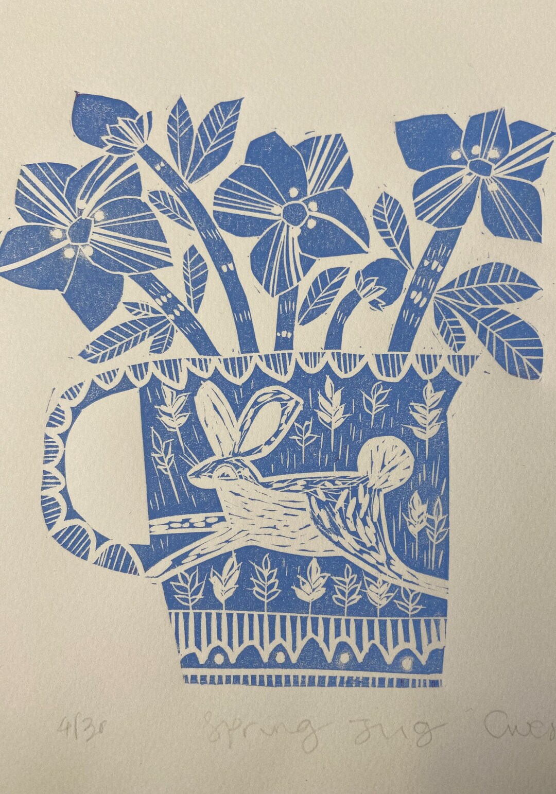 Spring Jug Featuring a Rabbit and Hellebores, Limited Edition Linocut ...
