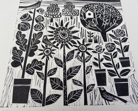 Plant pots linocut Lino print relief print | Etsy
