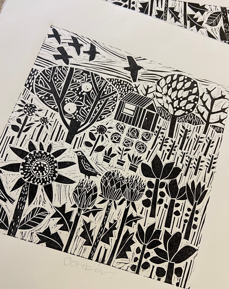October allotment linocut Lino print relief print | Etsy