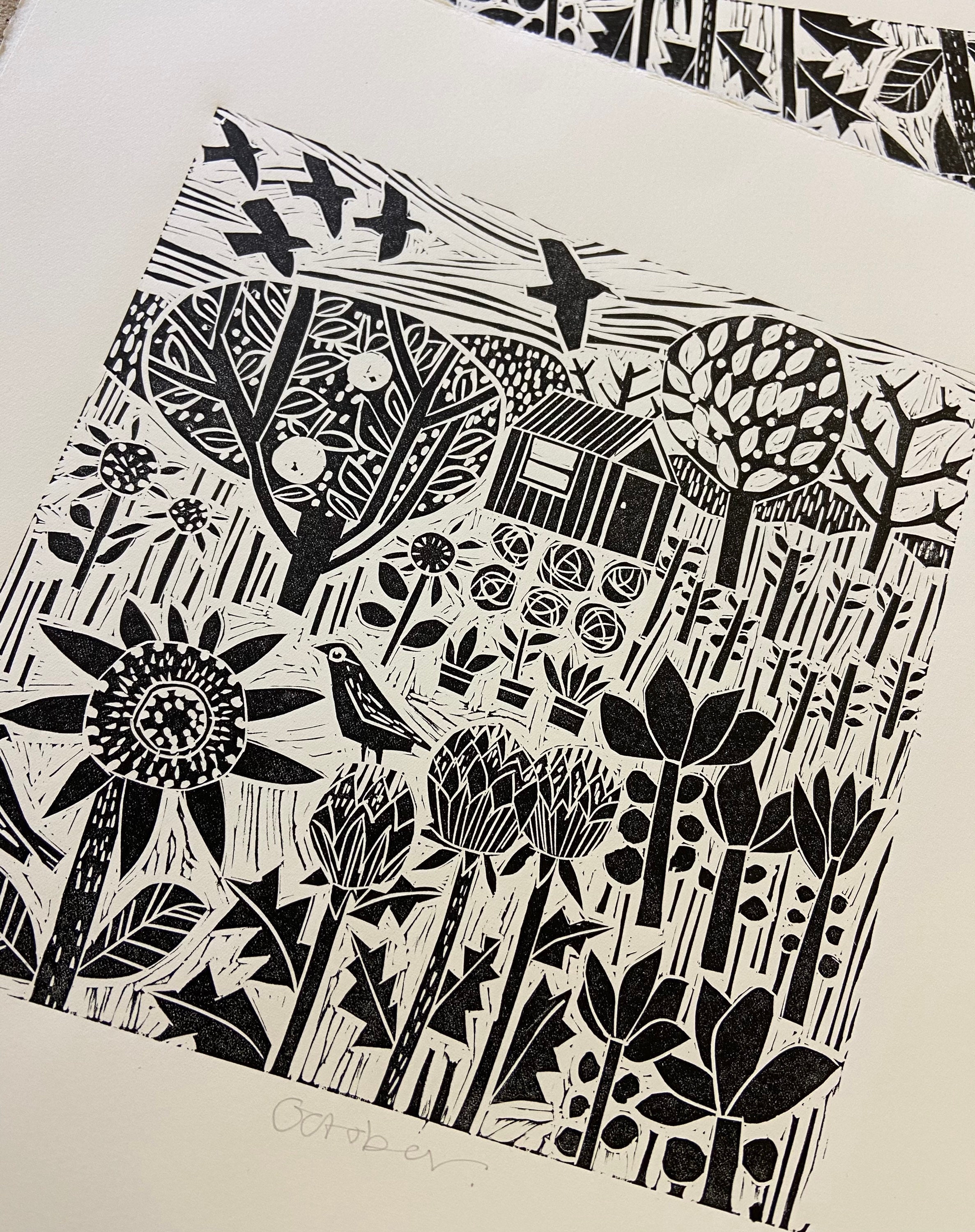 October Allotment Linocut Lino Print Relief Print | Etsy