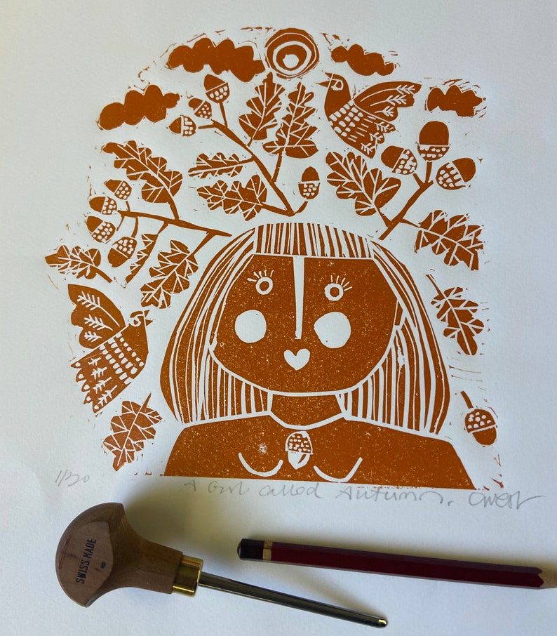 A Girl Called Autumn, Original Linocut, Lino Print - Etsy