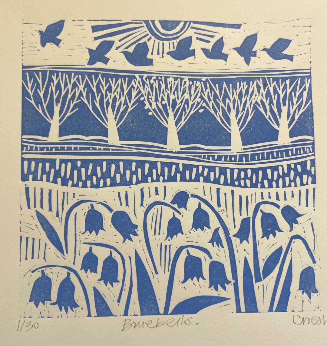 Bluebells, Linocut Artwork - Etsy UK