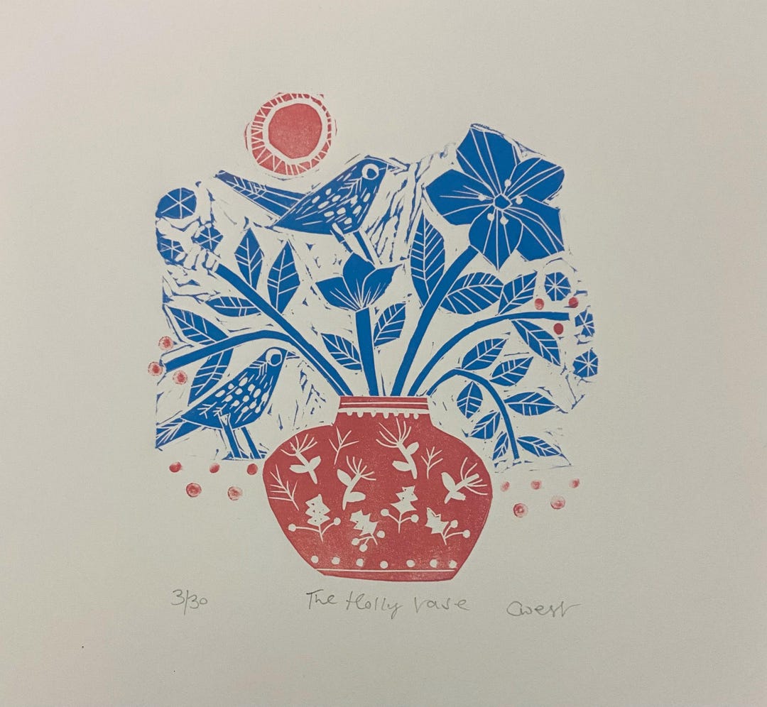 The Holly Vase, Limited Edition Linocut Artwork - Etsy