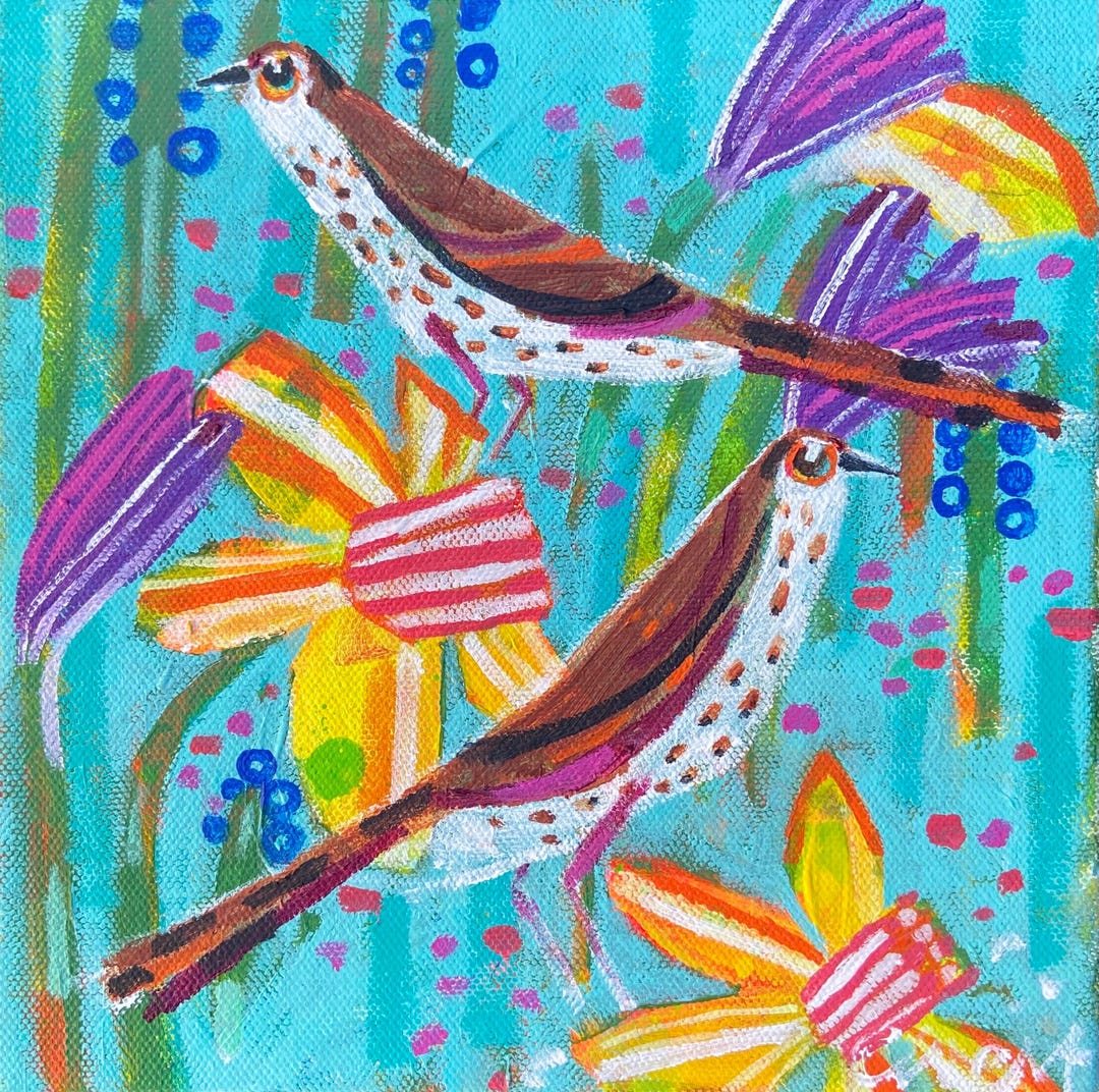 Daffodils and Song Birds, Original Acrylic Painting by Claire West ...