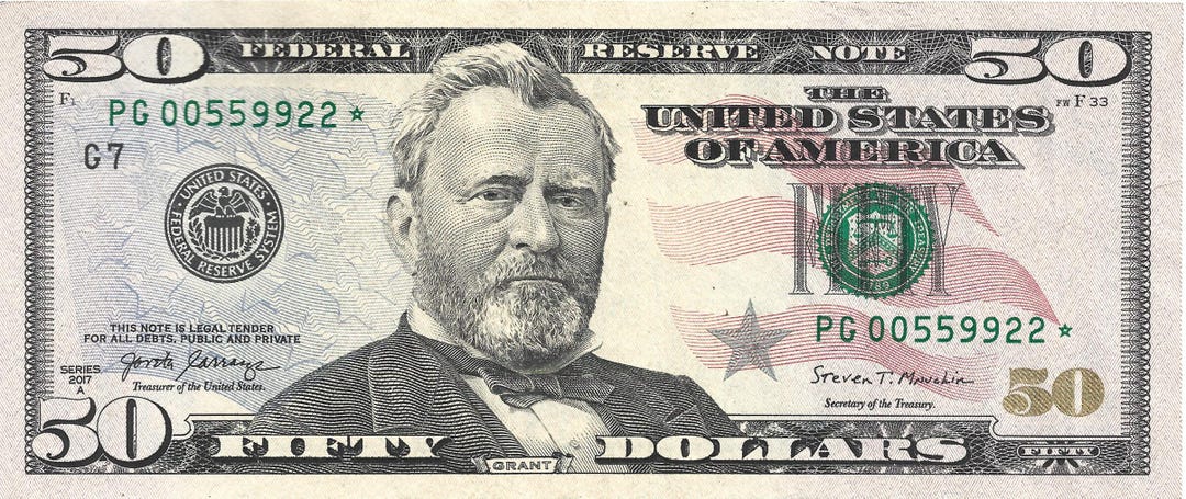 Rare 50 Dollar Star Note - Federal Reserve Currency, Circulated 2017A ...