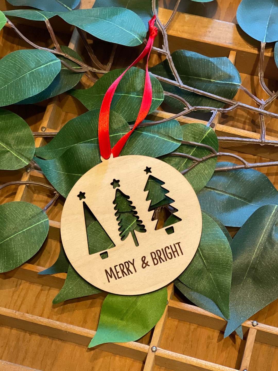 Merry and Bright Ornament Christmas Trees Wood Ornament Holiday ...