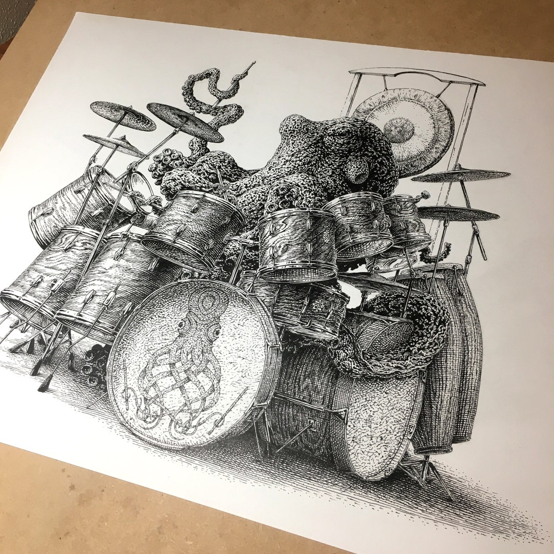 Octopus Drum Pen and Ink Illustration, Octopus Playing Drums, Original ...