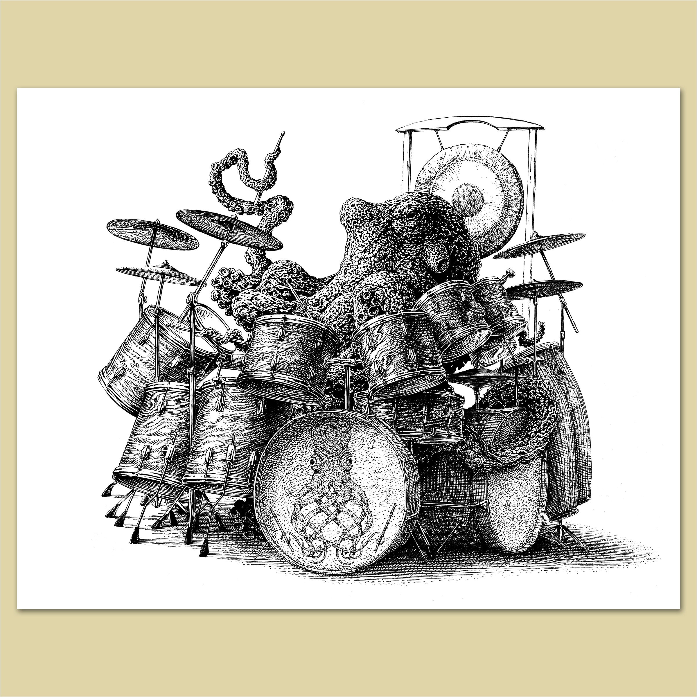 Octopus Drum Pen and Ink Illustration, Octopus Playing Drums, Original ...