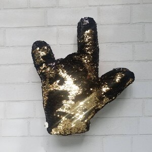 ILY Pillow (I Love You) Hand Shape // Black and Gold Mermaid Sequins ...