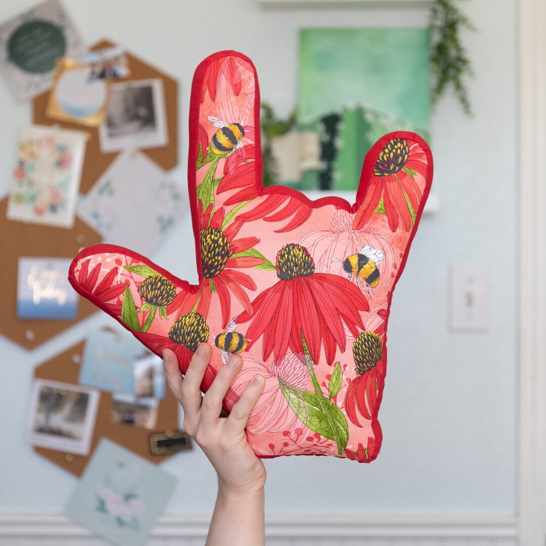 ASL ILY Pillow I Love You Hand Shape // Pink and Red Cone Flowers With ...