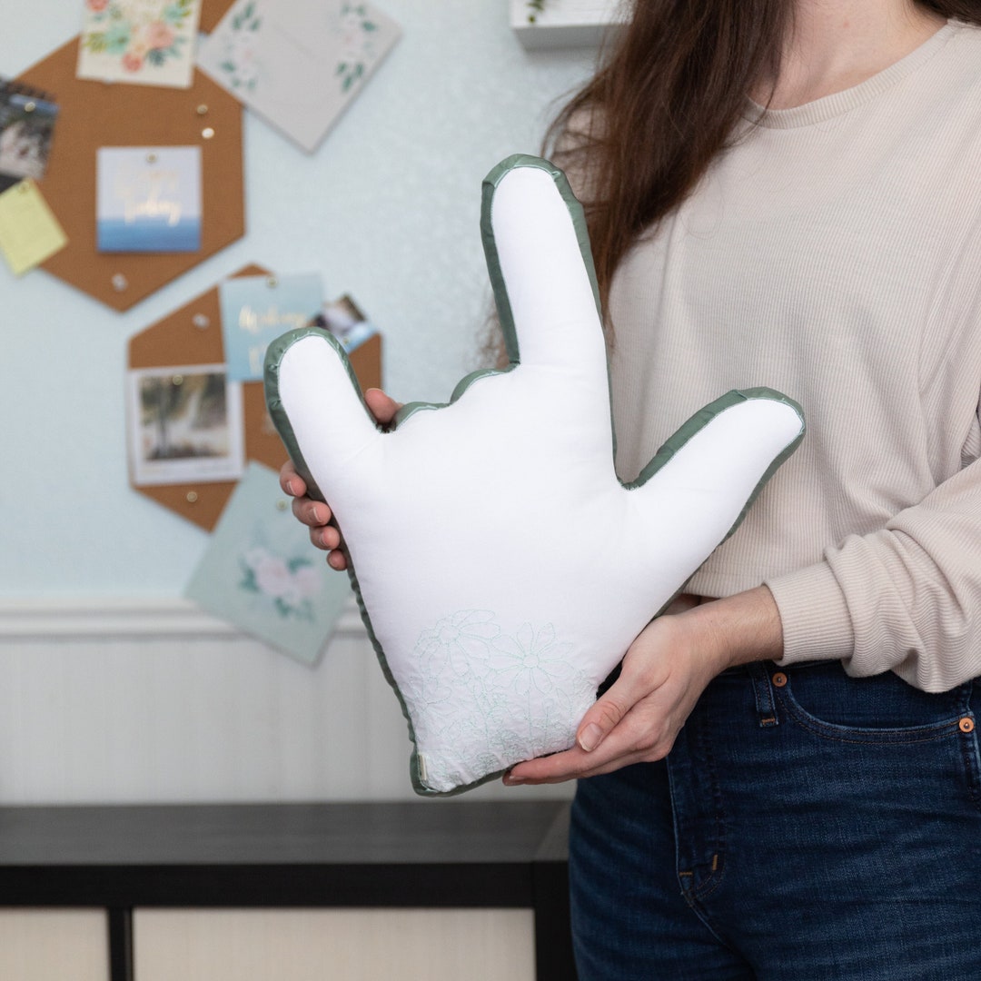 ASL ILY Pillow I Love You Hand Shape // Teal Satin and Wildflower ...