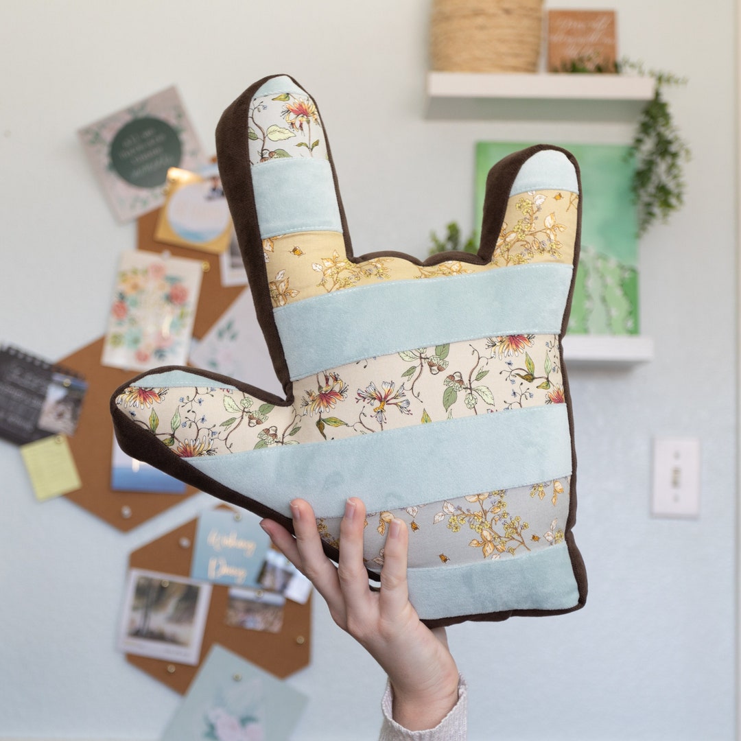 ASL ILY Pillow I Love You Hand Shape // Four Floral Fabric and Velour ...