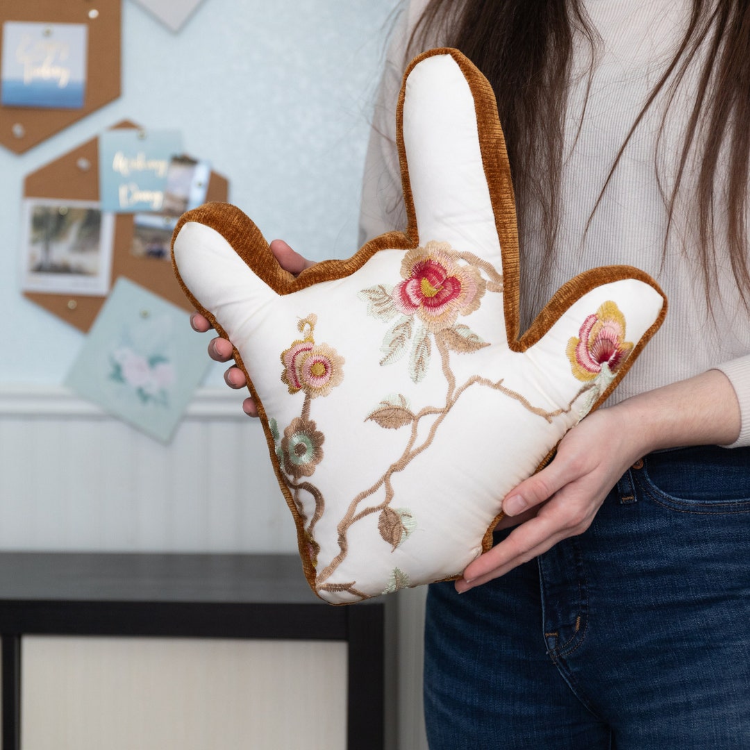 ASL ILY Pillow (I Love You) Hand Shape // Embroidered Floral Vine ...
