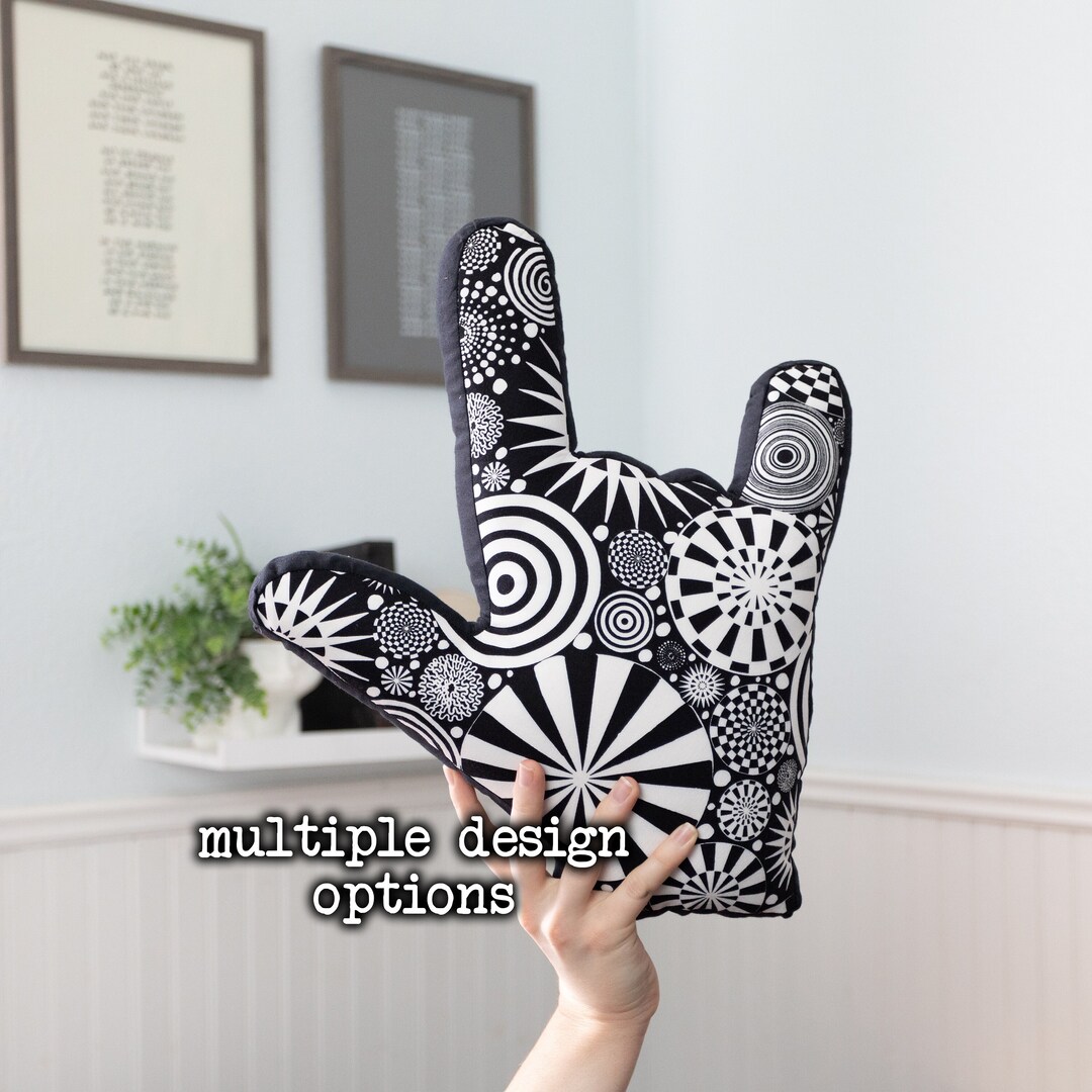 ASL ILY Pillow I Love You Hand Shape // Black and White Spiral Print ...