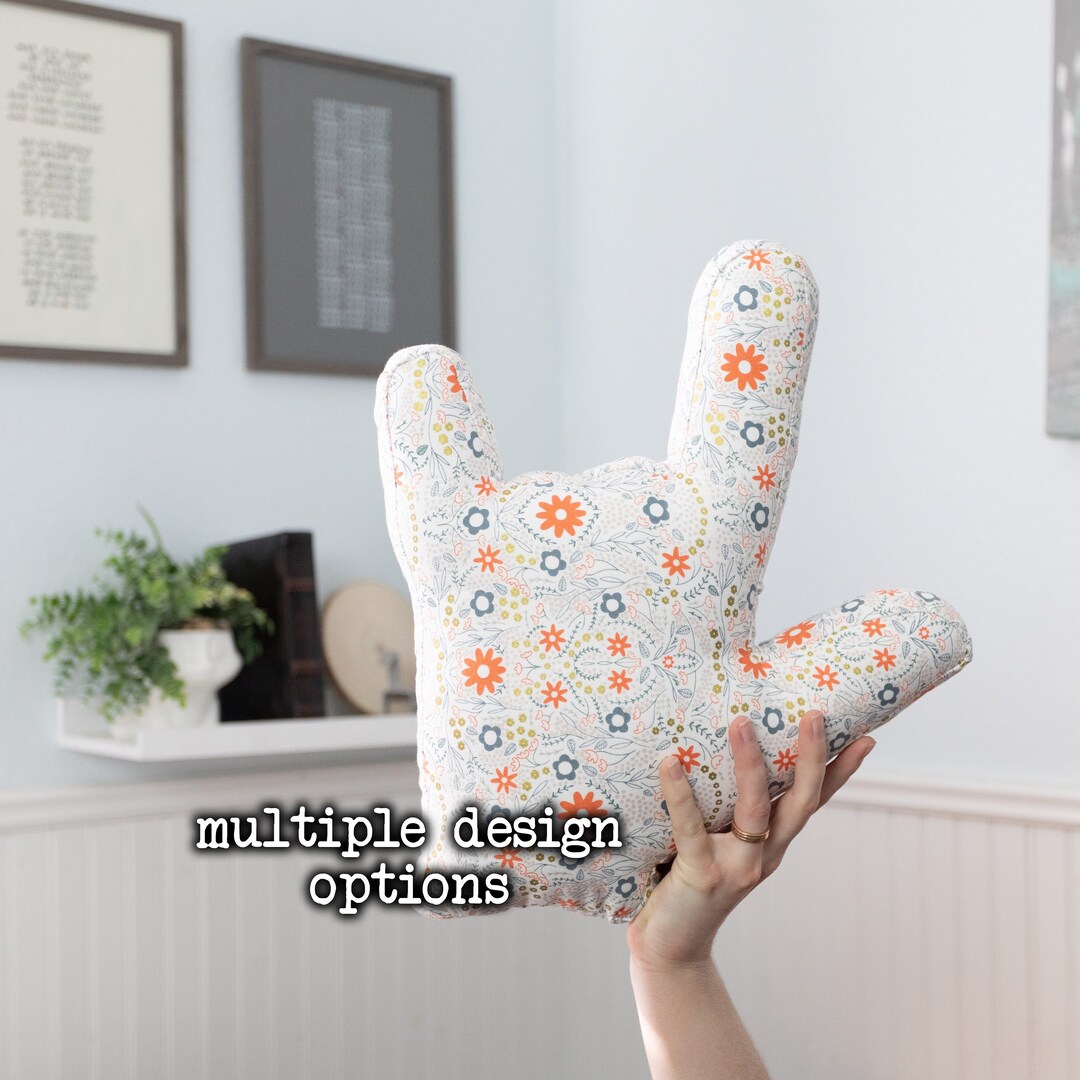 ASL ILY Pillow I Love You Hand Shape // Blue/orange/gold Floral Print ...