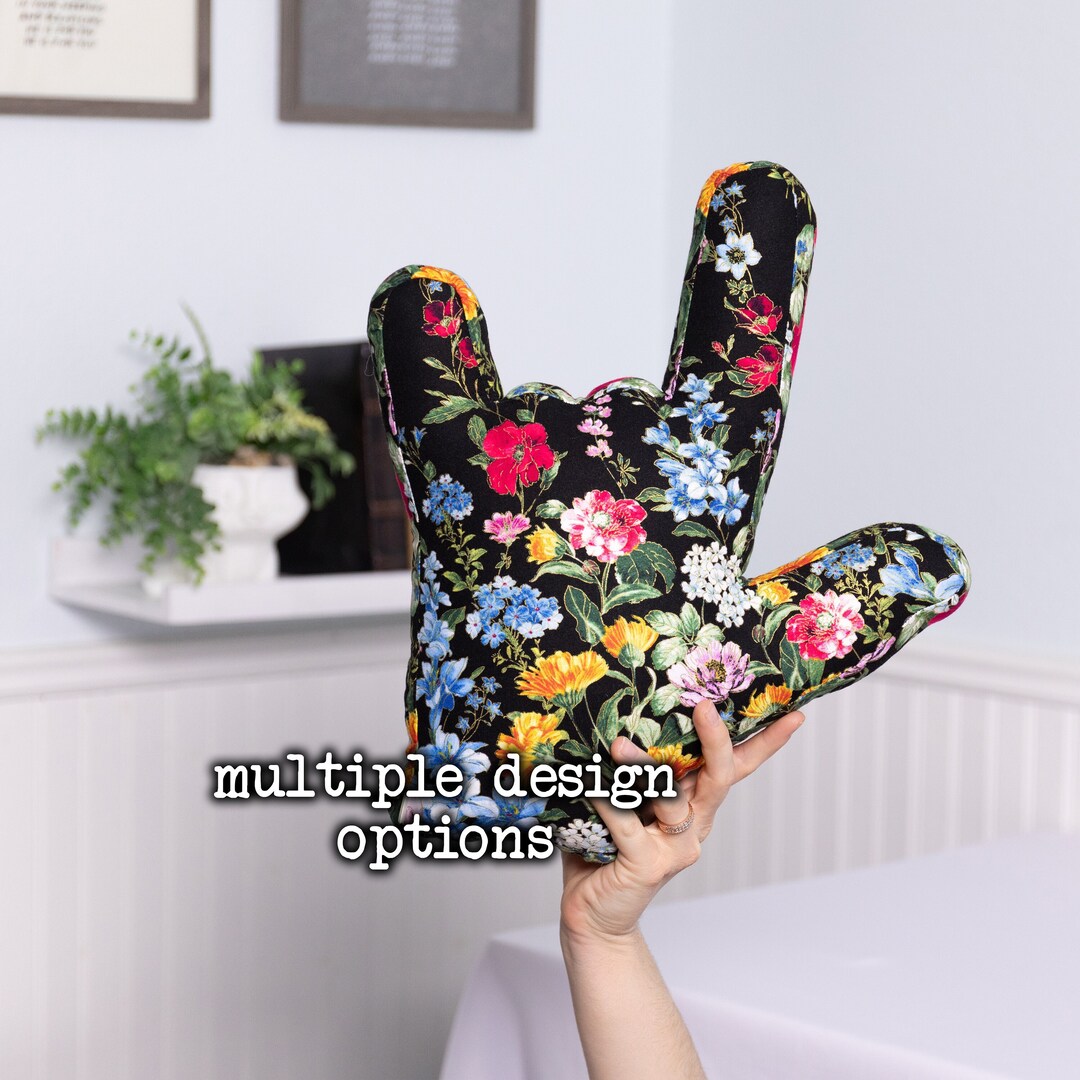 ASL ILY Pillow I Love You Hand Shape // Floral Print on Black // Choose ...
