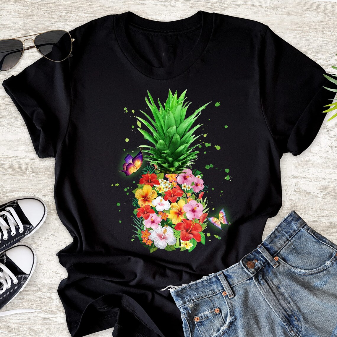 Pineapple Flowers Shirt Hawaiian Floral Summer Shirt T Etsy