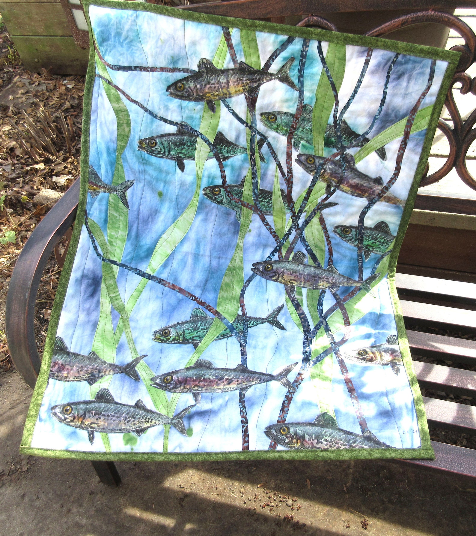 Hand Painted Fabric Art Quilt, Wall Hanging, Wall Quilt, Marine Textile ...