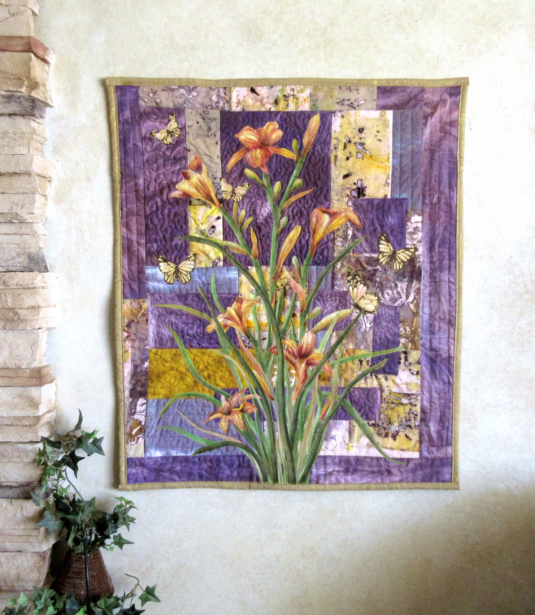 Hand Painted Daylilies and Butterflies Fabric Art Quilt - Etsy