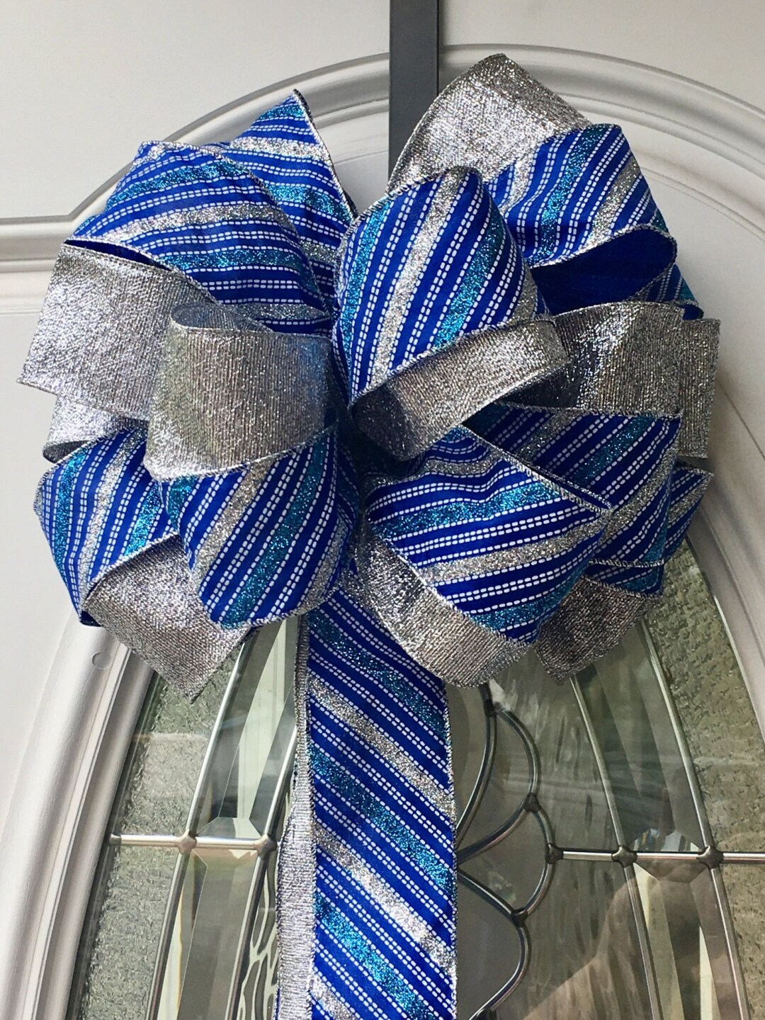 Blue Striped Holiday Bow/ Glittering Blue & Silver Striped - Etsy