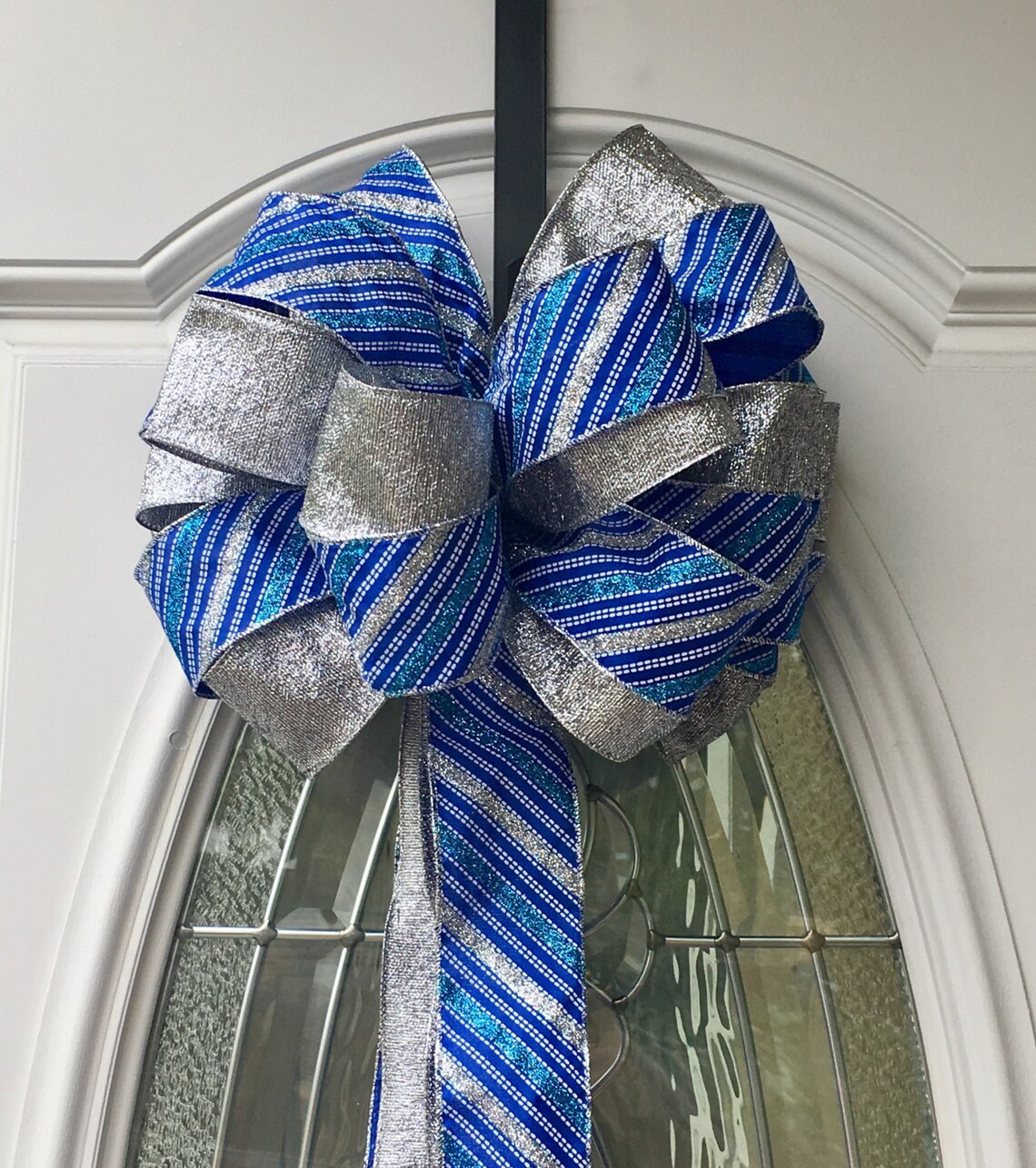 Blue Striped Holiday Bow/ Glittering Blue & Silver Striped - Etsy