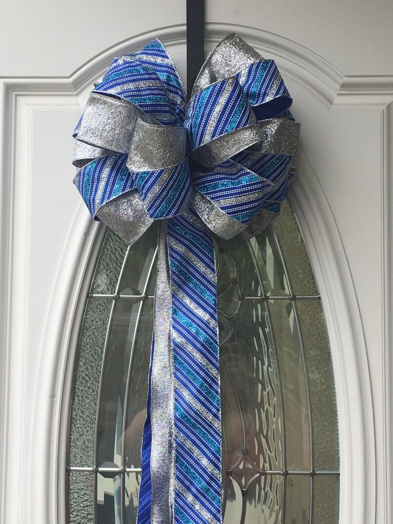 Blue Striped Holiday Bow/ Glittering Blue & Silver Striped - Etsy