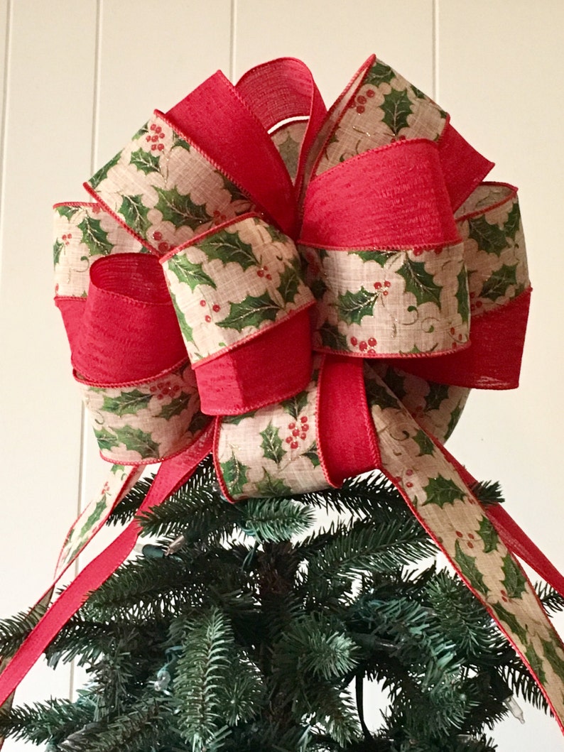 Holiday Tree Topper Bow / Holly Berry Holiday Tree Topper / - Etsy