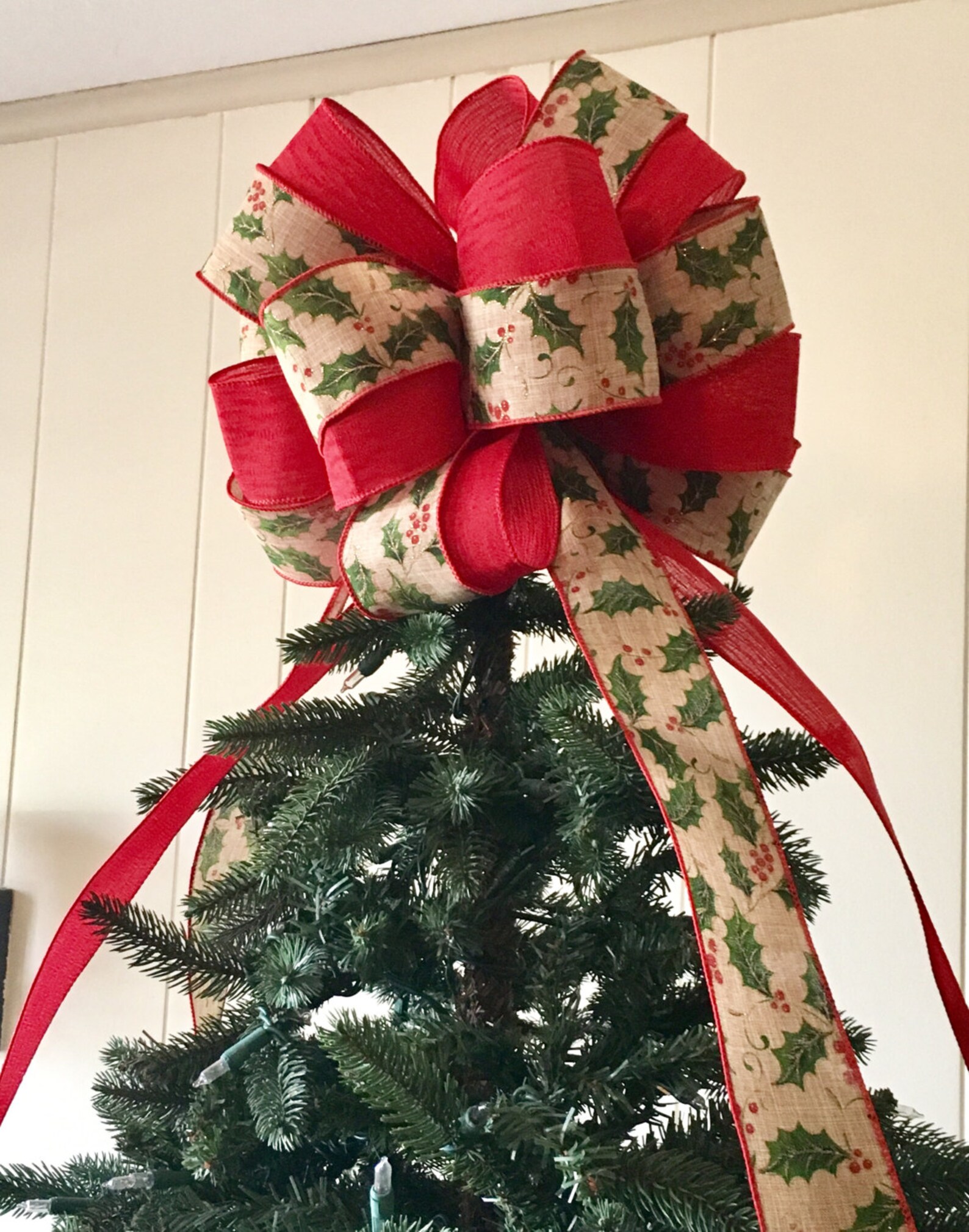 Holiday Tree Topper Bow / Holly Berry Holiday Tree Topper / - Etsy
