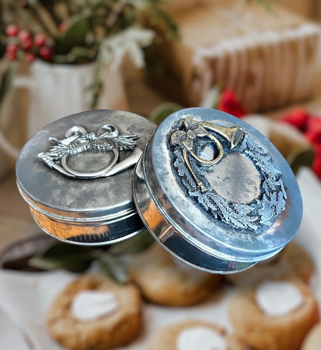 Set of 2 Metzke Pewter Giftware French Horn Tin Boxes / Metzke Pewter ...