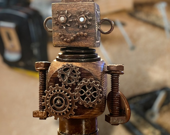 Handmade Wood and Metal Small Robot Figurine / Handmade Mini Robot ...