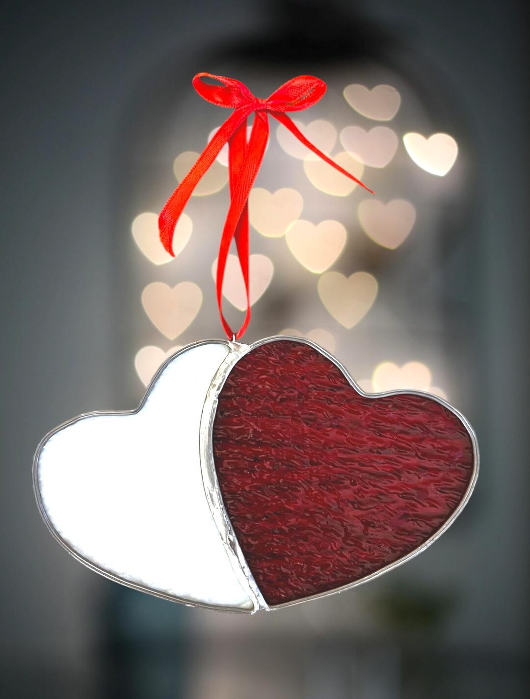 Stained Glass Valentine Heart Window Decor / Stained Glass Double Heart ...