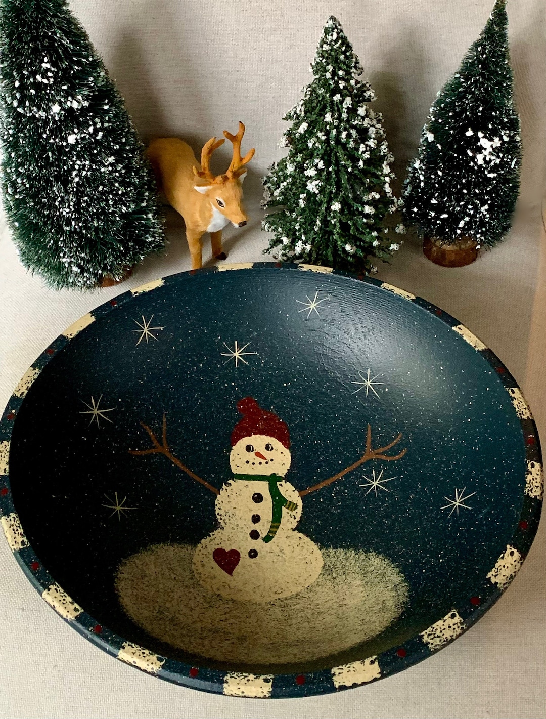 Large Hand Painted Turned Wood Snowman Bowl / Hand Painted Snowman Wood ...