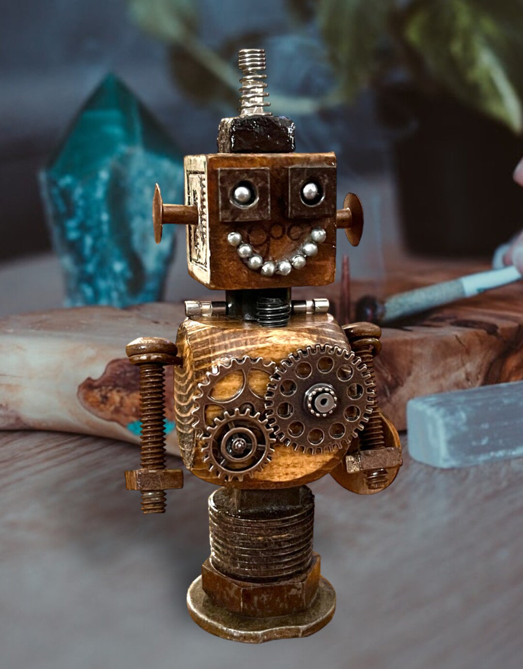 Handmade Wood and Metal Small Robot Figurine / Handmade Mini Robot ...